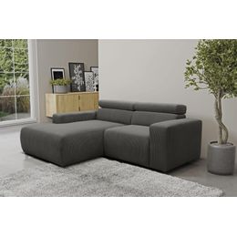 Ecksofa DOMO collection "BRANDON inkl. Kopfteilverstellung, 214x100x80 cm, L-Form", grau, B:214cm H:80cm T:175cm, 100% Polyester, Sofas, Ecksofa, Cord, grau