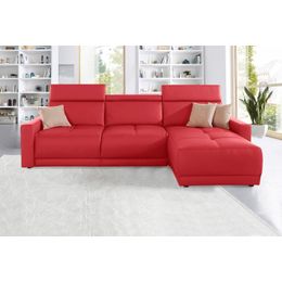 Ecksofa DOMO collection "Ava mit moderner Sitzheftung & toller Doppelnaht, komfortabel, L-Form", rot, B:262cm H:84cm T:167cm, Kunstleder SOFTLUX;Struktur fein (100% Polyester);Zierkissen: Microfaser PRIMABELLE (100% Polyester);Struktur (100% Polyester);Microfaser PRIMABELLE (100% Polyester), Sofas, Ecksofa, mit Recamiere, inkl. Federkern, wahlweise mit Kopfteilverstellungen