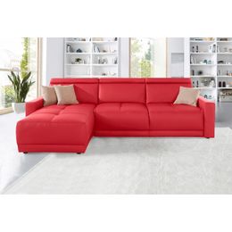Ecksofa DOMO collection "Ava mit moderner Sitzheftung & toller Doppelnaht, komfortabel, L-Form", rot, B:262cm H:84cm T:167cm, Kunstleder SOFTLUX;Struktur fein (100% Polyester);Zierkissen: Microfaser PRIMABELLE (100% Polyester);Struktur (100% Polyester);Microfaser PRIMABELLE (100% Polyester), Sofas, Ecksofa, mit Recamiere, inkl. Federkern, wahlweise mit Kopfteilverstellungen