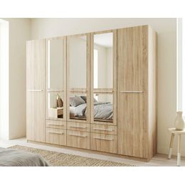 Kleiderschrank Priess "Schrank Garderobe W&auml;scheschrank Barcelona in 5 Breiten", braun (struktureichefarben hell), B:230cm H:193cm T:54cm, Holzwerkstoff, Schr&auml;nke, Kleiderschrank, viel Stauraum, ger&auml;umige Schubk&auml;sten, mit Spiegel, MADE IN GERMANY