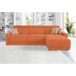 Ecksofa DOMO collection "Ava mit moderner Sitzheftung & toller Doppelnaht, komfortabel, L-Form", orange (terrakotta), B:262cm H:84cm T:167cm, Kunstleder SOFTLUX;Struktur fein (100% Polyester);Zierkissen: Microfaser PRIMABELLE (100% Polyester);Struktur (100% Polyester);Microfaser PRIMABELLE (100% Polyester), Sofas, Ecksofa, mit Recamiere, inkl. Federkern, wahlweise mit Kopfteilverstellungen