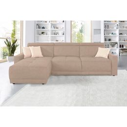 Ecksofa DOMO collection "Ava mit moderner Sitzheftung & toller Doppelnaht, komfortabel, L-Form", beige (natur), B:262cm H:84cm T:167cm, Kunstleder SOFTLUX;Struktur fein (100% Polyester);Zierkissen: Microfaser PRIMABELLE (100% Polyester);Struktur (100% Polyester);Microfaser PRIMABELLE (100% Polyester), Sofas, Ecksofa, mit Recamiere, inkl. Federkern, wahlweise mit Kopfteilverstellungen
