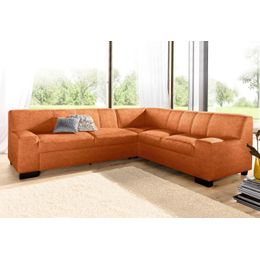 Ecksofa DOMO collection "Norma, moderne Armlehnen, zeitlos und elegant, Breite 247cm, L-Form", orange (terrakotta), B:247cm H:74cm T:212cm, Microfaser PRIMABELLE (100% Polyester);Kunstleder SOFTLUX;Struktur (90% Polyester, 10% Polyacryl);NaturLEDER (echtes Rindsleder), Sofas, Ecksofa, wahlweise mit Bettfunktion