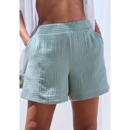 Beach Time Webshorts BEACHTIME "aus sommerlicher Musselinware", Damen, Gr. 34, N-Gr, gr&uuml;n (salbeigr&uuml;n), Web, Obermaterial: 100% Baumwolle, unifarben, figurumspielend ca. Mitte Oberschenkel, Hosen, leichte Strandshorts, Sommerhose