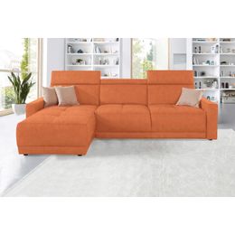 Ecksofa DOMO collection "Ava mit moderner Sitzheftung & toller Doppelnaht, komfortabel, L-Form", orange (terrakotta), B:262cm H:84cm T:167cm, Kunstleder SOFTLUX;Struktur fein (100% Polyester);Zierkissen: Microfaser PRIMABELLE (100% Polyester);Struktur (100% Polyester);Microfaser PRIMABELLE (100% Polyester), Sofas, Ecksofa, mit Recamiere, inkl. Federkern, wahlweise mit Kopfteilverstellungen