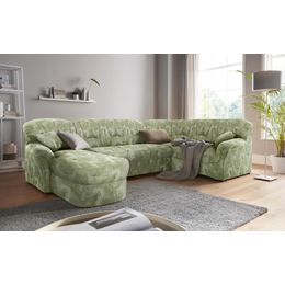 Wohnlandschaft DOMO collection "Bahia U-Form, B/T: 308/200 cm, mit Federkern, belastbar bis 140kg/Sitz", gr&uuml;n, Sofas, B/H/T: 308cm x 91cm x 200cm, Luxus-Microfaser, Recamiere links, Luxus-Microfaser (100% Polyester), mit Muster;Struktur (100% Polyester), Wohnlandschaft, Microfaser, natur, B:308cm H:91cm T:200cm