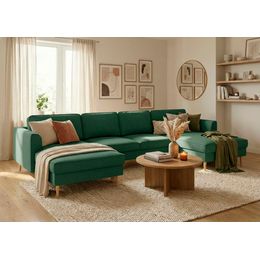 Wohnlandschaft Home Affaire "Booster, whlw. mit Schlaffunktion & Bettkasten, Fu&szlig; Buche lackiert", gr&uuml;n (dunkelgr&uuml;n), B:305cm H:83cm T:161cm, 100% Polyester, Sofas, Wohnlandschaft, Sofa in U-Form, Breite 305 cm, in Cord oder Struktur
