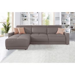Ecksofa DOMO collection "Ava mit moderner Sitzheftung & toller Doppelnaht, komfortabel, L-Form", braun (schlamm), B:262cm H:84cm T:167cm, Kunstleder SOFTLUX;Struktur fein (100% Polyester);Zierkissen: Microfaser PRIMABELLE (100% Polyester);Struktur (100% Polyester);Microfaser PRIMABELLE (100% Polyester), Sofas, Ecksofa, mit Recamiere, inkl. Federkern, wahlweise mit Kopfteilverstellungen