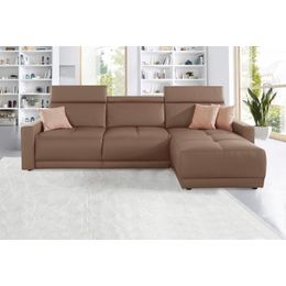 Ecksofa DOMO collection "Ava mit moderner Sitzheftung & toller Doppelnaht, komfortabel, L-Form", braun (espresso), B:262cm H:84cm T:167cm, Kunstleder SOFTLUX;Struktur fein (100% Polyester);Zierkissen: Microfaser PRIMABELLE (100% Polyester);Struktur (100% Polyester);Microfaser PRIMABELLE (100% Polyester), Sofas, Ecksofa, mit Recamiere, inkl. Federkern, wahlweise mit Kopfteilverstellungen