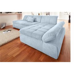 Ecksofa DOMO collection "NMORIC XXL, 300x172x80cm, L-Form", blau (pastelblau), B:300cm H:80cm T:172cm, Chenille (85% Polyester, 15% Acryl);Luxus-Microfaser (100% Polyester);Struktur ( 100% Polyester);Microfaser PRIMABELLE (100% Polyester), Sofas, Ecksofa, wahlweise mit Bettfunktion und Armlehnverstellung