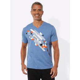 Kurzarmshirt CLASSIC "Freizeitshirt", Jungen, Gr. 48/50, mittelblau, 100% Baumwolle, gemustert, mehrfarbig, V-Ausschnitt, Shirts
