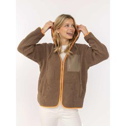 Fleecejacke Zwillingsherz "Classic", Damen, Gr. M, taupe, Pl&uuml;sch, Obermaterial: 100% Polyester, kontrastfarbene Details, unifarben, h&uuml;ftbedeckend, ohne Ausschnitt, gerader Abschluss kontrastfarben, Jacken Fleecejacke, kuschelig weich, mit Taschen, Kapuze, Kontrastdetails