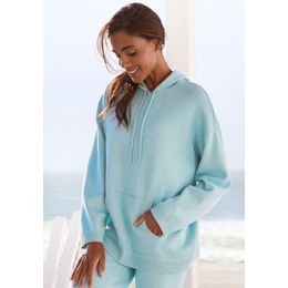 Kapuzenpullover ELBSAND, Damen, Gr. 32/34, blau, Feinstrick, Obermaterial: 50% Viskose, 28% Polyester, 22% Nylon, meliert, unifarben, bequem h&uuml;ftlang, Rippstrickb&uuml;ndchen, Pullover Kapuzenpullover, aus hochwertigem Strick, Loungewear