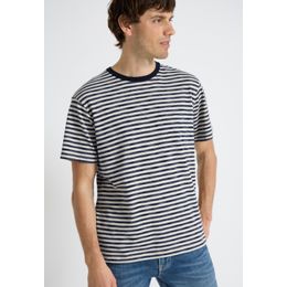 T-Shirt Street One MEN, Jungen, Gr. L (42), schwarz-wei&szlig; (hellwei&szlig;), Web, 48% Baumwolle, 48% Polyester, 4% Elasthan, gestreift, normal normal, Rundhals, B&uuml;ndchen, Shirts T-Shirt, im Streifendesign
