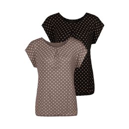 Kurzarmshirt Lascana "mit Kellerfalte am Ausschnitt", Damen, Gr. 36/38, grau (taupe, schwarz), Single Jersey, Obermaterial: 95% Viskose (LENZING&trade; ECOVERO&trade;), 5% Elasthan, bedruckt, figurumspielend normal, Rundhals, angeschnitten, Shirts, Sommershirts aus luftigem Viskose-Stretch