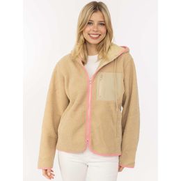 Fleecejacke Zwillingsherz "Classic", Damen, Gr. L, beige, Pl&uuml;sch, Obermaterial: 100% Polyester, kontrastfarbene Details, unifarben, h&uuml;ftbedeckend, ohne Ausschnitt, gerader Abschluss kontrastfarben, Jacken Fleecejacke, kuschelig weich, mit Taschen, Kapuze, Kontrastdetails