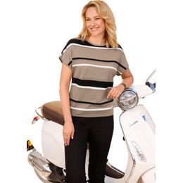 Damen Kurzarmpullover mit Ajourmuster sesam-schwarz-gemustert, Gr&ouml;&szlig;e 50