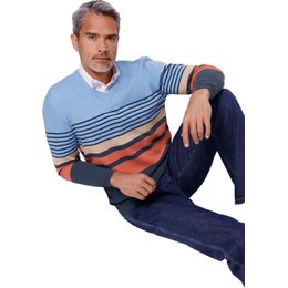 Herren V-Ausschnitt-Pullover mit Streifen-Muster himmelblau-terra-geringelt, Gr&ouml;&szlig;e 46