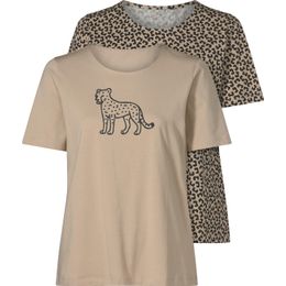 Damen Doppelpack Shirts beige + beige-schwarz-bedruckt, Gr&ouml;&szlig;e 42