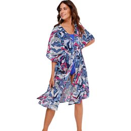 Damen Sommerkleid in weiter Kaftan-Form, bedruckt ecru-himmelblau-bedruckt, Gr&ouml;&szlig;e 56/58