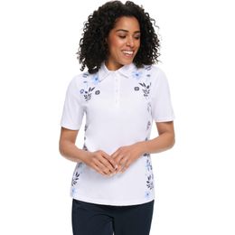 Damen Poloshirt mit Bl&uuml;ten-Bl&auml;tter-Druck vorne wei&szlig;-marine-bedruckt, Gr&ouml;&szlig;e 38