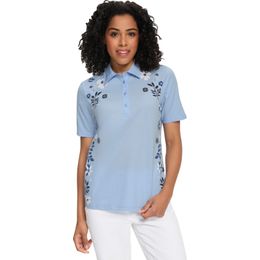 Damen Poloshirt mit Bl&uuml;ten-Bl&auml;tter-Druck vorne eisblau-marine-bedruckt, Gr&ouml;&szlig;e 38