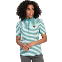 Damen Poloshirt mit Lederimitat-Patch ozean-wei&szlig;-geringelt, Gr&ouml;&szlig;e 38