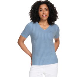 Damen V-Ausschnitt-Pullover in Ripp-Optik eisblau, Gr&ouml;&szlig;e 44