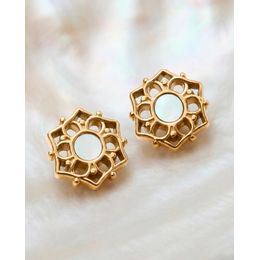 Holzkern Ohrringe Damen Gold und Wei&szlig;es Perlmutt