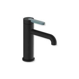 HEWI AQ477 Waschtischarmatur AQ1.12M1136055 ohne Ablaufgarnitur, pulverbeschichtet Schwarz tiefmatt, Griff aquablau