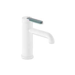 HEWI AQ477 Waschtischarmatur AQ1.12M1146055 ohne Ablaufgarnitur, pulverbeschichtet Wei&szlig; tiefmatt, Griff aquablau