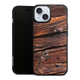 DeinDesign iPhone 15 Handy Premium Silikon H&uuml;lle Handyh&uuml;lle schwarz Case Beams Wood Wooden Look Silikon Premium Case