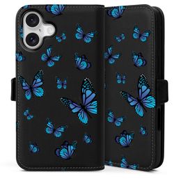 DeinDesign iPhone 16 Plus Handy Klapph&uuml;lle Handyh&uuml;lle aus Kunst Leder schwarz Flip Case Transparent Butterfly Muster Sideflip mit Lasche
