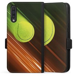 DeinDesign Galaxy A50 Handy Klapph&uuml;lle Handyh&uuml;lle aus Kunst Leder schwarz Flip Case Ball Tennis Hobby Sideflip mit Lasche