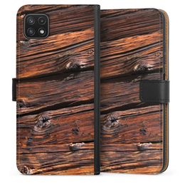 DeinDesign Galaxy A22 5G Handy Klapph&uuml;lle Handyh&uuml;lle aus Kunst Leder schwarz Flip Case Wood Beams Wooden Look Sideflip mit langer Lasche