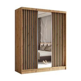SCHWEBET&Uuml;RENSCHRANK LAMELLO 180/216/61 cm 3-t&uuml;rig mit Spiegel Eiche Artisan