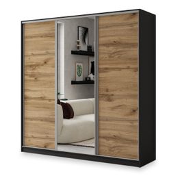 SCHWEBET&Uuml;RENSCHRANK SORE 200/205/58 cm 3-t&uuml;rig mit Spiegel und 4 Schubladen Schwarz