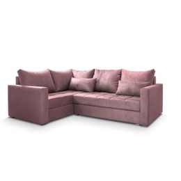ECKSOFA LIRENO L-S Rosa Pl&uuml;sch-Stoff mit Schlaffunktion