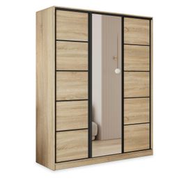 SCHWEBET&Uuml;RENSCHRANK PINA 150/205/58 cm 3-t&uuml;rig mit Spiegel und Schubladen Sonoma Eiche