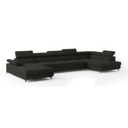 WOHNLANDSCHAFT MONTIVA Schwarz Velours-Stoff mit Schlaffunktion