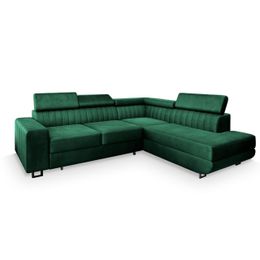 ECKSOFA NOLA R-S Gr&uuml;n Velours-Stoff mit Schlaffunktion