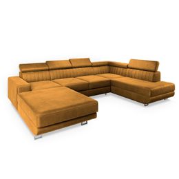 WOHNLANDSCHAFT SIENA R-S Gelb Velours-Stoff mit Schlaffunktion