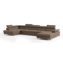 WOHNLANDSCHAFT MONTIVA Beige Velours-Stoff mit Schlaffunktion