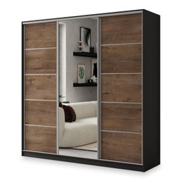 SCHWEBET&Uuml;RENSCHRANK NATA 200/205/58 cm 3-t&uuml;rig mit Spiegel und 4 Schubladen Schwarz