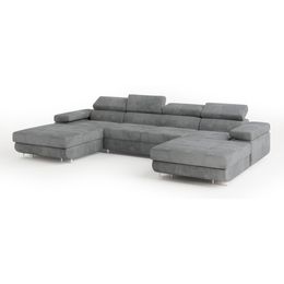 WOHNLANDSCHAFT LYKKE Grau Velours-Stoff mit Schlaffunktion