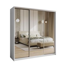 SCHWEBET&Uuml;RENSCHRANK RIEN 180/205/60 cm 3-t&uuml;rig mit Spiegel und Schubladen Wei&szlig;