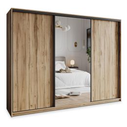 SCHWEBET&Uuml;RENSCHRANK TAVI 270/205/60 cm 3-t&uuml;rig mit Spiegel Eiche Wotan