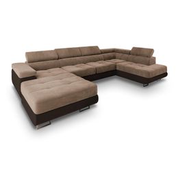 WOHNLANDSCHAFT CASONE R-S Beige Velours-Stoff mit Schlaffunktion