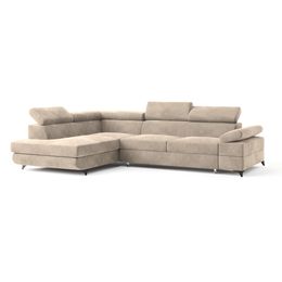 ECKSOFA FAVIEN L-S Creme Velours-Stoff mit Schlaffunktion
