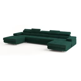 WOHNLANDSCHAFT OMBRA Gr&uuml;n Velours-Stoff mit Schlaffunktion